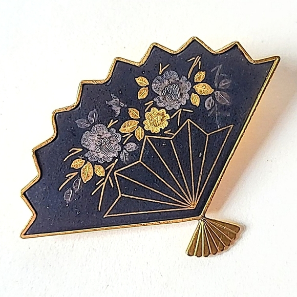 Amita | Jewelry | Amita Damascene Fan Shaped Brooch Floral Design ...